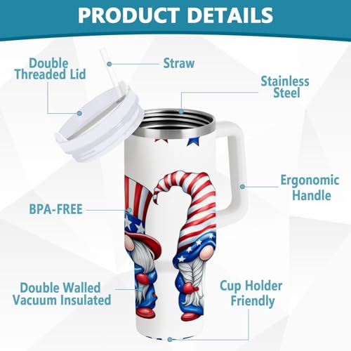 Festive Independence Gnomes Insulated Vacuum Tumbler with Handle and Straw for Water, Insulated Tumbler 30 OZ / 0.89 L