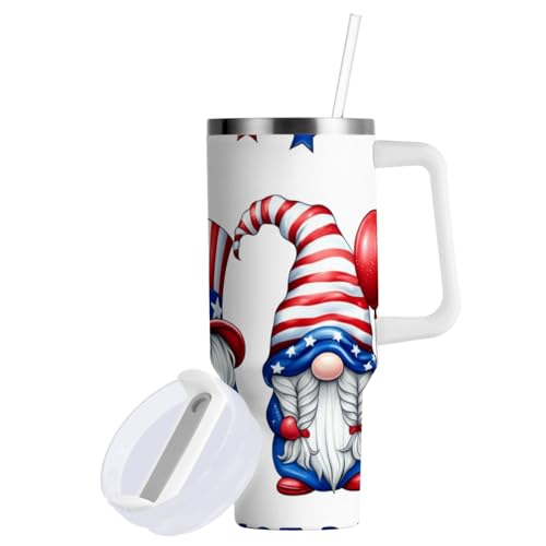 Festive Independence Gnomes Insulated Vacuum Tumbler with Handle and Straw for Water, Insulated Tumbler 30 OZ / 0.89 L
