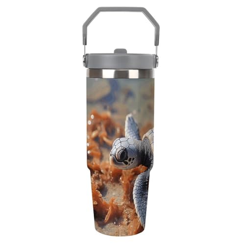 YTLKGFP 30 Oz Large Capacity Car Cup Cut Sea Turtle Tumbler with Handle Straw Lid Insulated Stainless Steel Water Bottle Travel Mug Leak-proof Car Cup Keeps Cold Or Hot