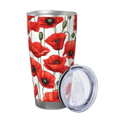 quopvn Red Poppy Flower Print 20oz Car Cup Ps Material Lid, Perfect For Hot & Cold Drinks