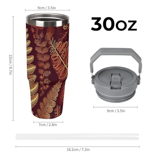 YTLKGFP 30 Oz Large Capacity Car Cup Maroon Gold Pattern Tumbler with Handle Straw Lid Insulated Stainless Steel Water Bottle Travel Mug Leak-proof Car Cup Keeps Cold Or Hot