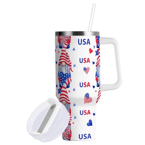 ODAWA Large Fall Insulated Tumbler with Lid and Straw, Cute Gnomes Usa Flag Double Wall Insulated Tumbler