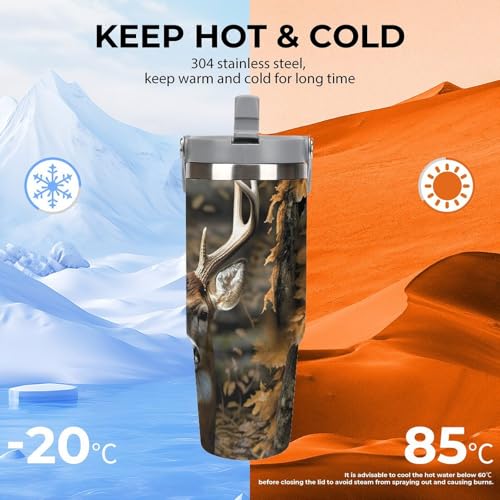YTLKGFP 30 Oz Large Capacity Car Cup Camouflage Deer Tumbler with Handle Straw Lid Insulated Stainless Steel Water Bottle Travel Mug Leak-proof Car Cup Keeps Cold Or Hot