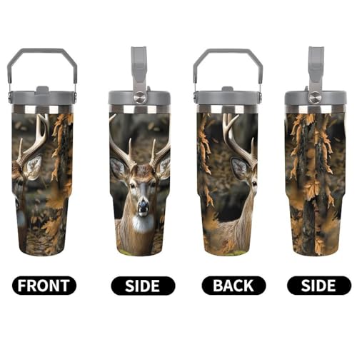 YTLKGFP 30 Oz Large Capacity Car Cup Camouflage Deer Tumbler with Handle Straw Lid Insulated Stainless Steel Water Bottle Travel Mug Leak-proof Car Cup Keeps Cold Or Hot