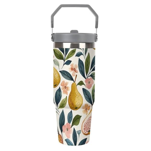 YTLKGFP 30 Oz Large Capacity Car Cup Figs And Pears Tumbler with Handle Straw Lid Insulated Stainless Steel Water Bottle Travel Mug Leak-proof Car Cup Keeps Cold Or Hot