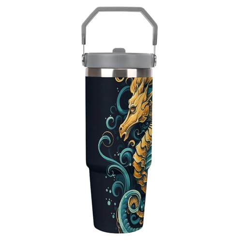 YTLKGFP 30 Oz Large Capacity Car Cup Seahorse Blue Pattern Tumbler with Handle Straw Lid Insulated Stainless Steel Water Bottle Travel Mug Leak-proof Car Cup Keeps Cold Or Hot