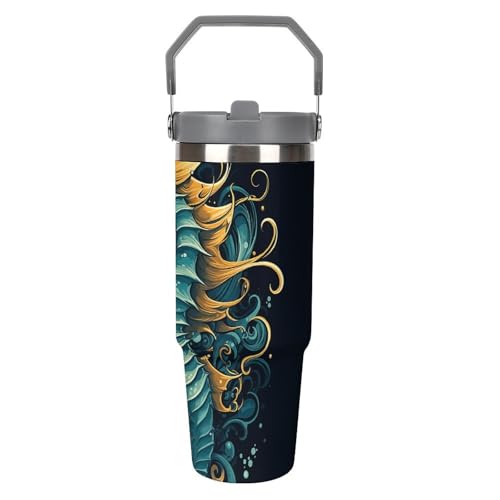 YTLKGFP 30 Oz Large Capacity Car Cup Seahorse Blue Pattern Tumbler with Handle Straw Lid Insulated Stainless Steel Water Bottle Travel Mug Leak-proof Car Cup Keeps Cold Or Hot