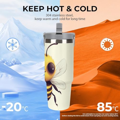 YTLKGFP 30 Oz Large Capacity Car Cup Cute Bee Tumbler with Handle Straw Lid Insulated Stainless Steel Water Bottle Travel Mug Leak-proof Car Cup Keeps Cold Or Hot