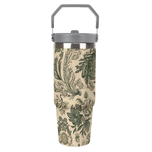 YTLKGFP 30 Oz Large Capacity Car Cup Light Green And Beige Tumbler with Handle Straw Lid Insulated Stainless Steel Water Bottle Travel Mug Leak-proof Car Cup Keeps Cold Or Hot