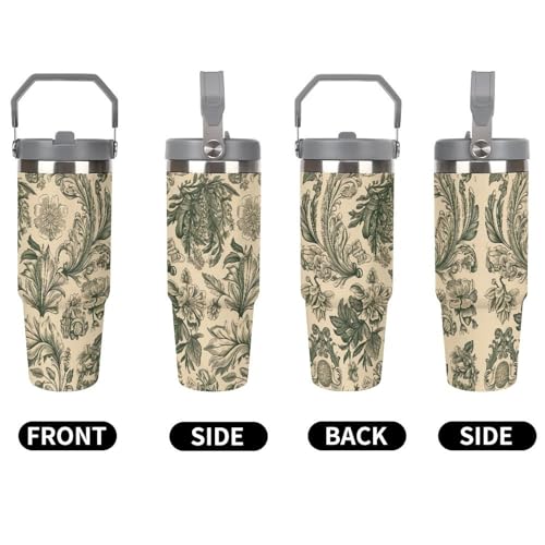 YTLKGFP 30 Oz Large Capacity Car Cup Light Green And Beige Tumbler with Handle Straw Lid Insulated Stainless Steel Water Bottle Travel Mug Leak-proof Car Cup Keeps Cold Or Hot