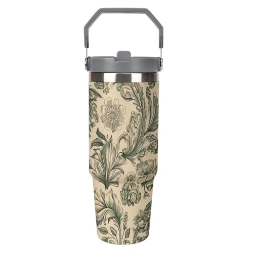 YTLKGFP 30 Oz Large Capacity Car Cup Light Green And Beige Tumbler with Handle Straw Lid Insulated Stainless Steel Water Bottle Travel Mug Leak-proof Car Cup Keeps Cold Or Hot