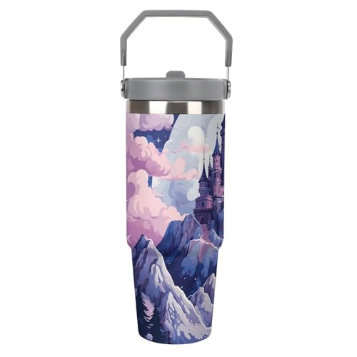 YTLKGFP 30 Oz Large Capacity Car Cup Clouds over The Castle Tumbler with Handle Straw Lid Insulated Stainless Steel Water Bottle Travel Mug Leak-proof Car Cup Keeps Cold Or Hot