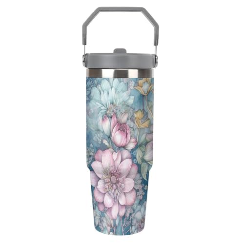 YTLKGFP 30 Oz Large Capacity Car Cup Blue Style Flowers Tumbler with Handle Straw Lid Insulated Stainless Steel Water Bottle Travel Mug Leak-proof Car Cup Keeps Cold Or Hot