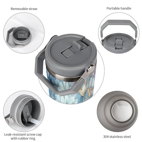 YTLKGFP 30 Oz Large Capacity Car Cup Blue Style Flowers Tumbler with Handle Straw Lid Insulated Stainless Steel Water Bottle Travel Mug Leak-proof Car Cup Keeps Cold Or Hot