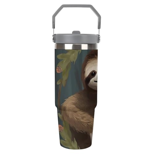 YTLKGFP 30 Oz Large Capacity Car Cup Sloth Tumbler with Handle Straw Lid Insulated Stainless Steel Water Bottle Travel Mug Leak-proof Car Cup Keeps Cold Or Hot