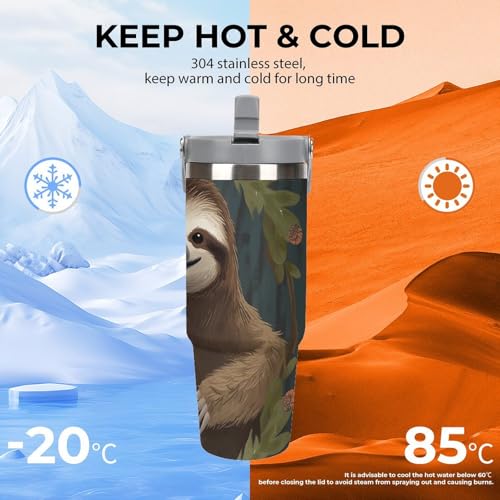 YTLKGFP 30 Oz Large Capacity Car Cup Sloth Tumbler with Handle Straw Lid Insulated Stainless Steel Water Bottle Travel Mug Leak-proof Car Cup Keeps Cold Or Hot