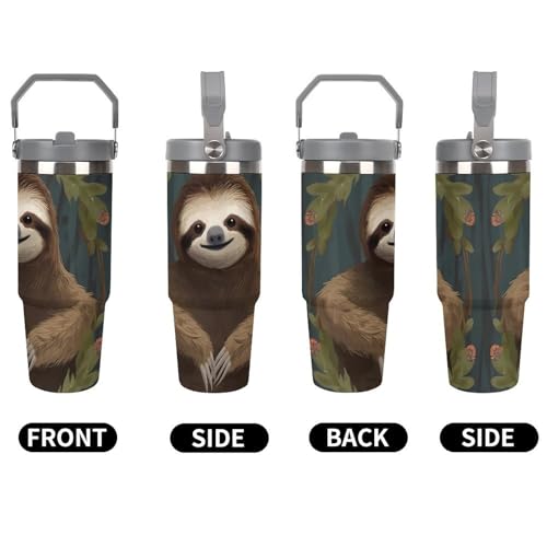 YTLKGFP 30 Oz Large Capacity Car Cup Sloth Tumbler with Handle Straw Lid Insulated Stainless Steel Water Bottle Travel Mug Leak-proof Car Cup Keeps Cold Or Hot