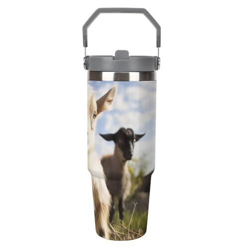 YTLKGFP 30 Oz Large Capacity Car Cup Cute Goat Tumbler with Handle Straw Lid Insulated Stainless Steel Water Bottle Travel Mug Leak-proof Car Cup Keeps Cold Or Hot