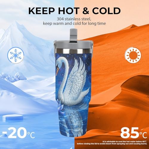 YTLKGFP 30 Oz Large Capacity Car Cup Two White Swans Tumbler with Handle Straw Lid Insulated Stainless Steel Water Bottle Travel Mug Leak-proof Car Cup Keeps Cold Or Hot
