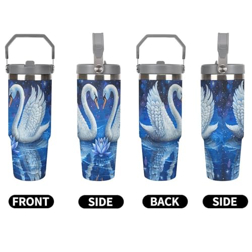 YTLKGFP 30 Oz Large Capacity Car Cup Two White Swans Tumbler with Handle Straw Lid Insulated Stainless Steel Water Bottle Travel Mug Leak-proof Car Cup Keeps Cold Or Hot