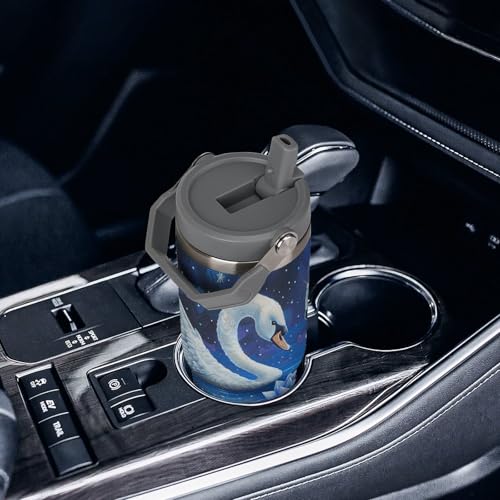 YTLKGFP 30 Oz Large Capacity Car Cup Two White Swans Tumbler with Handle Straw Lid Insulated Stainless Steel Water Bottle Travel Mug Leak-proof Car Cup Keeps Cold Or Hot