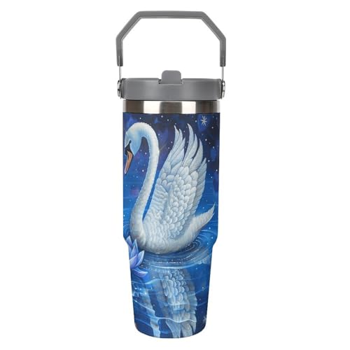 YTLKGFP 30 Oz Large Capacity Car Cup Two White Swans Tumbler with Handle Straw Lid Insulated Stainless Steel Water Bottle Travel Mug Leak-proof Car Cup Keeps Cold Or Hot
