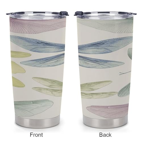 FHENMSA Reusable Plastic Water Cups with Lids,Dragonfly Drawing Print Anti-overflow Cup,sports Travel Coffee Cup