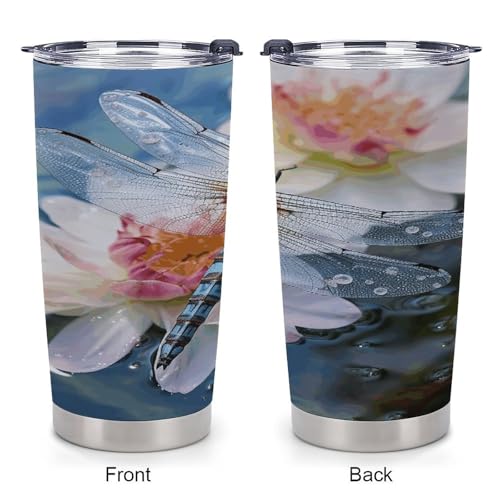 FHENMSA Reusable Plastic Water Cups with Lids,Dragonfly Lotus Print Anti-overflow Cup,sports Travel Coffee Cup