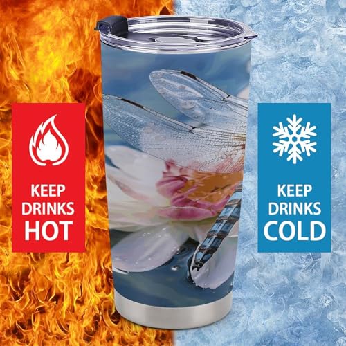 FHENMSA Reusable Plastic Water Cups with Lids,Dragonfly Lotus Print Anti-overflow Cup,sports Travel Coffee Cup