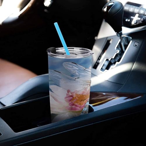 FHENMSA Reusable Plastic Water Cups with Lids,Dragonfly Lotus Print Anti-overflow Cup,sports Travel Coffee Cup