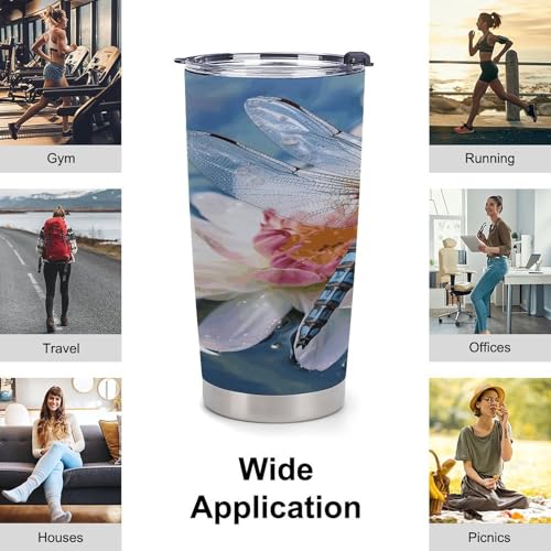 FHENMSA Reusable Plastic Water Cups with Lids,Dragonfly Lotus Print Anti-overflow Cup,sports Travel Coffee Cup