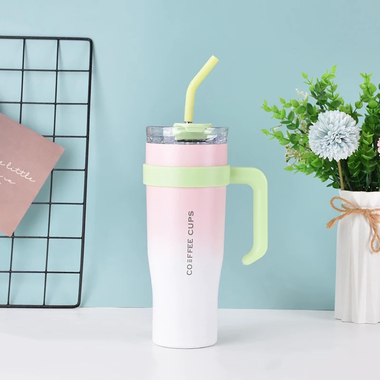 Taumy Large capacitly stainless steel drinking cup with handle and straw, Reusable, Easy to clean, Leak-proof andinsulated travel mug (Pink)