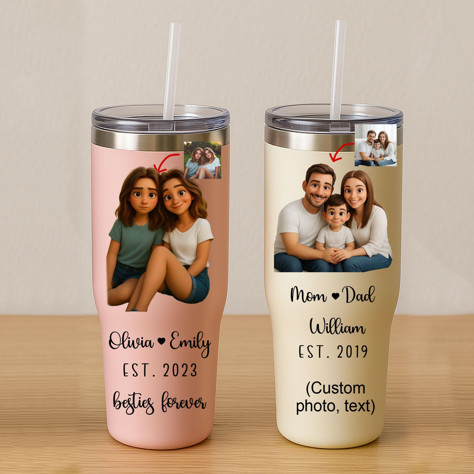 Custom Photo 3d Cartoon Tumbler 40 oz For Couple, Upload Your Image, Customize Name Date, Gift For Boyfriend, Girlfriend, Anniversary, Lid and Straw, Coffee Mug with Handle