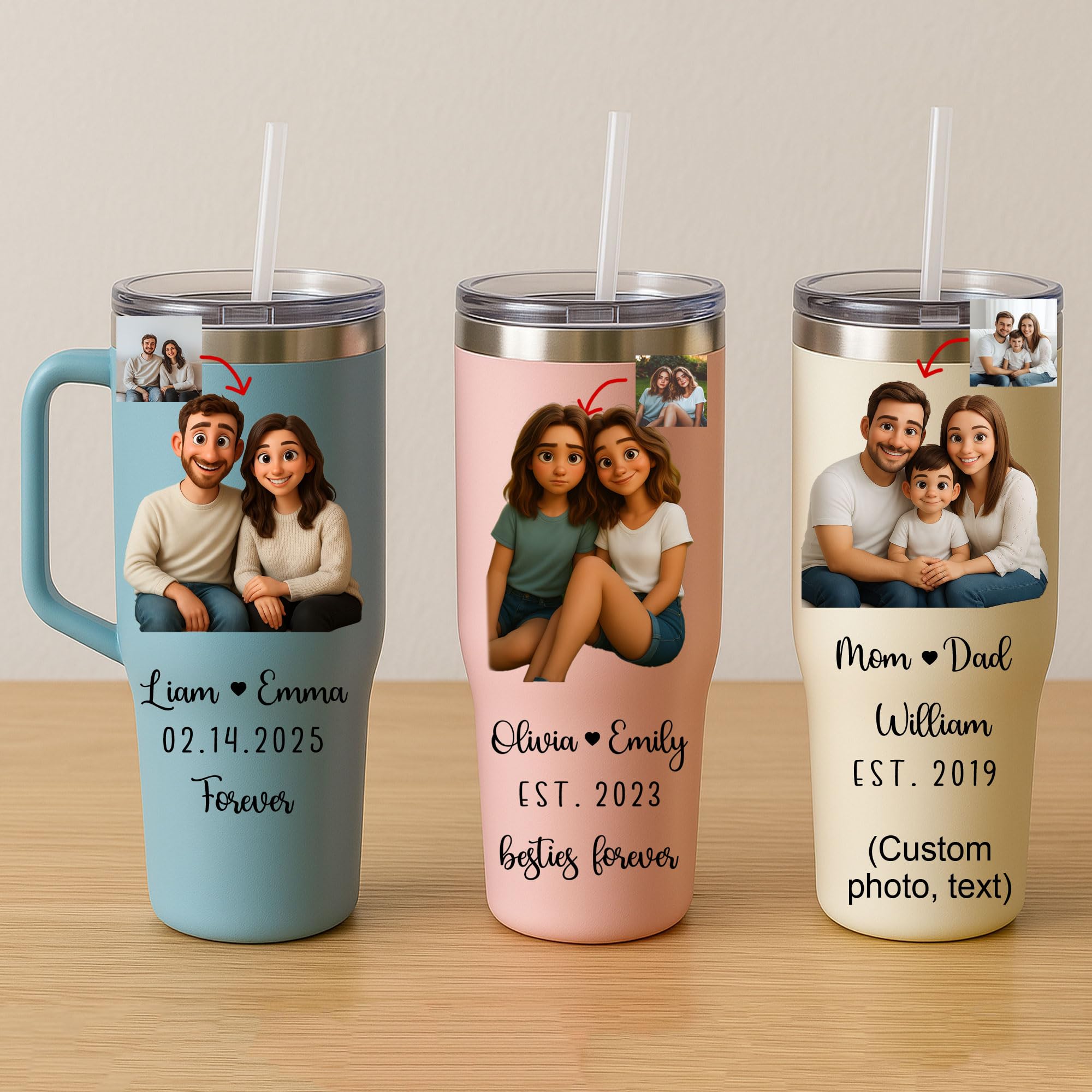 Custom Photo 3d Cartoon Tumbler 40 oz For Couple, Upload Your Image, Customize Name Date, Gift For Boyfriend, Girlfriend, Anniversary, Lid and Straw, Coffee Mug with Handle