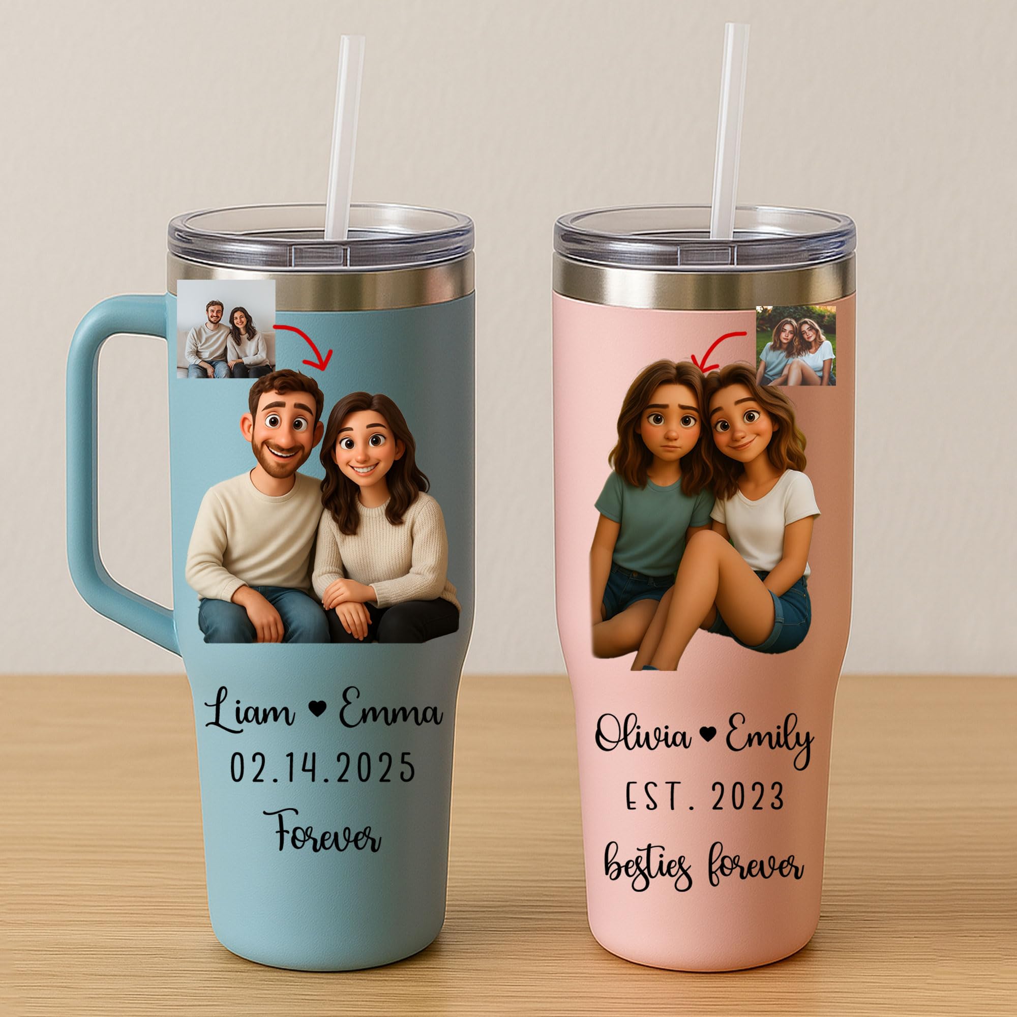 Custom Photo 3d Cartoon Tumbler 40 Oz For Besties, Upload Your Image, Customize Name Date, Gift For Bestfriend, Friend, Class Mate, Sister, Birthday, Lid And Straw, Coffee Mug With Handle