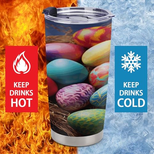 FHENMSA Reusable Plastic Water Cups with Lids,Easter Day Colorful Eggs Print Anti-overflow Cup,sports Travel Coffee Cup