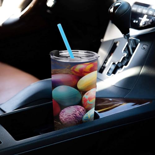 FHENMSA Reusable Plastic Water Cups with Lids,Easter Day Colorful Eggs Print Anti-overflow Cup,sports Travel Coffee Cup