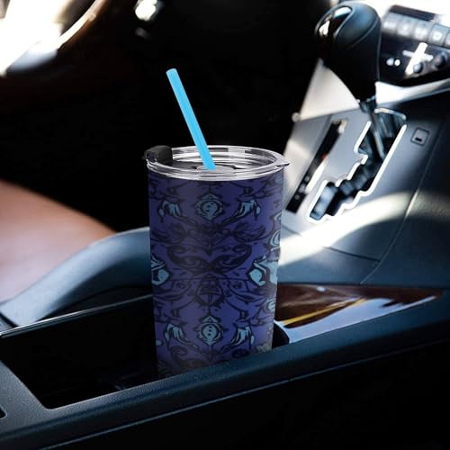 FHENMSA Reusable Plastic Water Cups with Lids,Blue Black Goth Spooky Print Anti-overflow Cup,sports Travel Coffee Cup