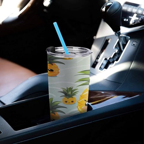 FHENMSA Reusable Plastic Water Cups with Lids,Cute Pineapple Print Anti-overflow Cup,sports Travel Coffee Cup