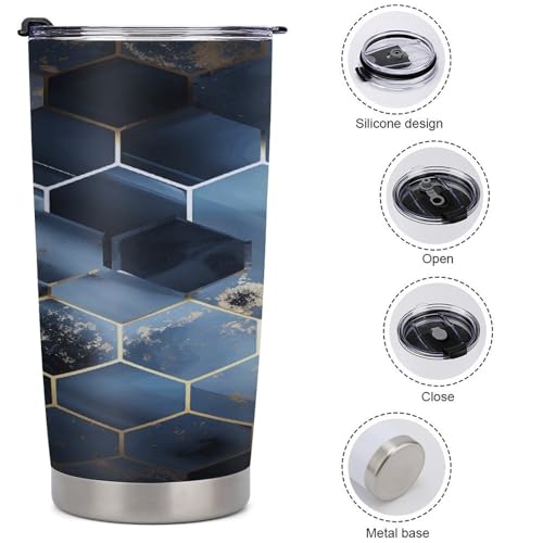 FHENMSA Reusable Plastic Water Cups with Lids,Blue Hexagons And Diamonds Print Anti-overflow Cup,sports Travel Coffee Cup