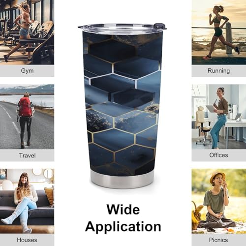 FHENMSA Reusable Plastic Water Cups with Lids,Blue Hexagons And Diamonds Print Anti-overflow Cup,sports Travel Coffee Cup
