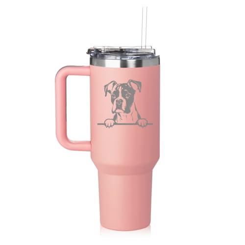 Daylor 40 oz Tumbler with Handle and Straw Lid Stainless Steel Insulated Travel Mug Cup Peeking Boxer Dog (Pink)