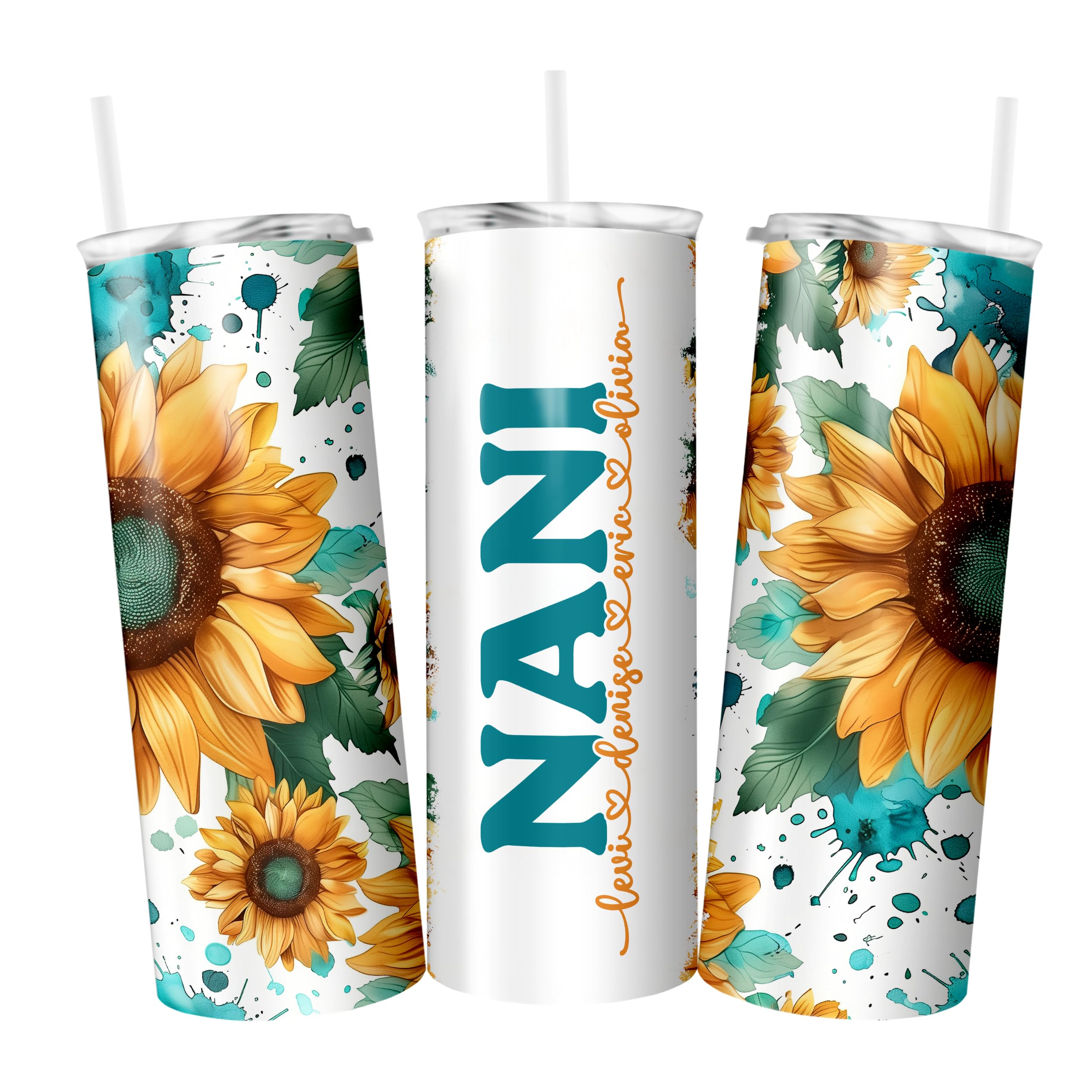 Personalized Nani Tumbler, 20 oz Stainless Steel Sunflower Cup with Lid & Straw, Custom Grandma Gift with Grandkids’ Names, Floral Grandmother Coffee Mug for Birthday, Mother’s Day or Christmas