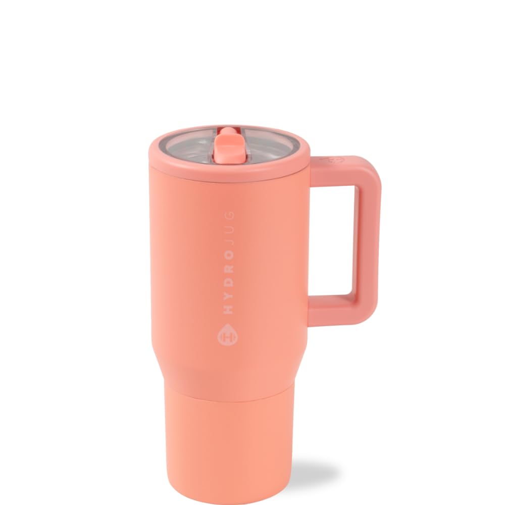 HydroJug Traveler - 20 oz Water Bottle with Handle & Flip Straw - Fits in Cup Holder, Leak Resistant Tumbler-Reusable Insulated Stainless Steel & Rubber Base - Gifts for Women & Men, Summer Peach