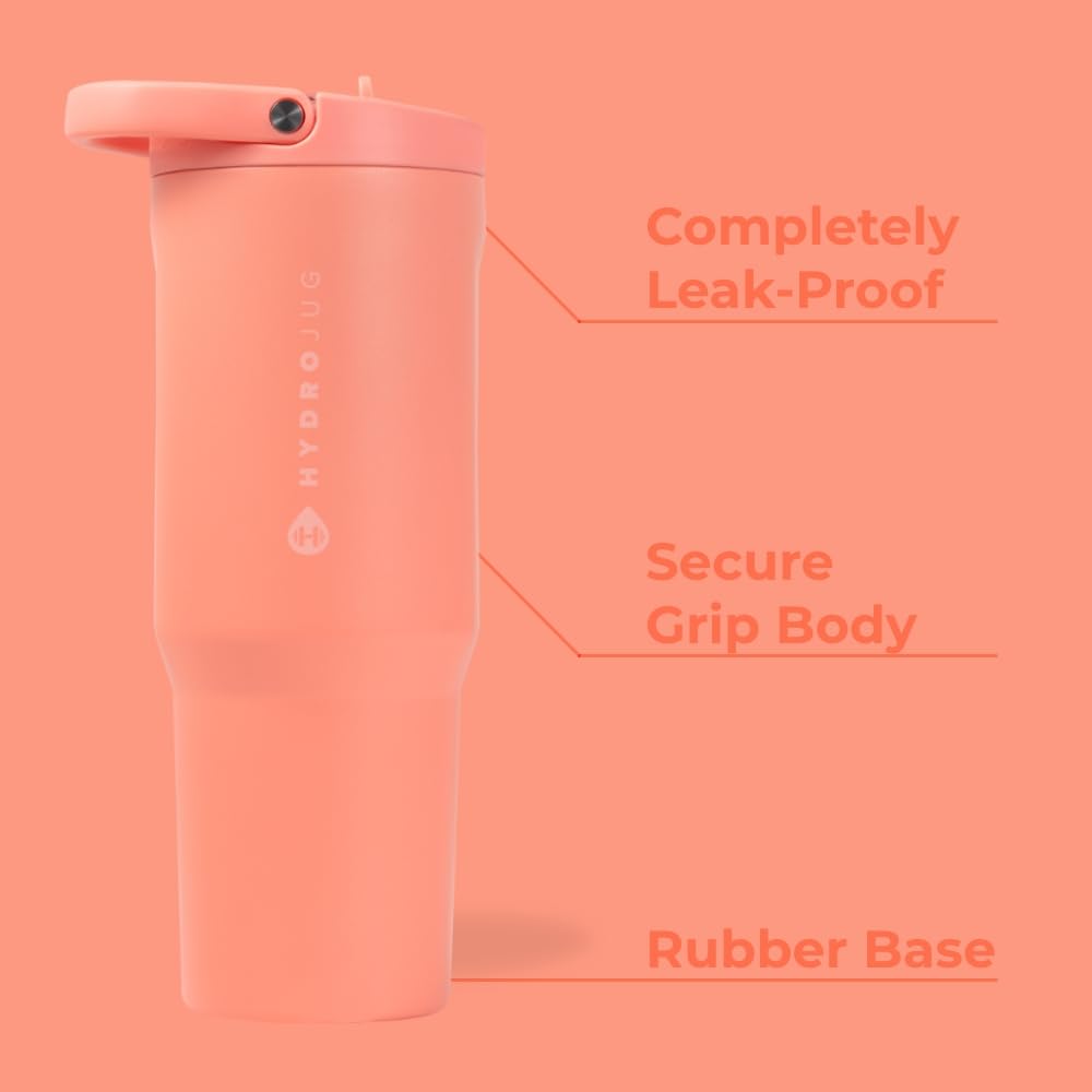 HydroJug Sport - Stainless Steel Tumbler with Straw, Vacuum Insulated, 32oz Leakproof Water Bottle, Ergonomic Design, Reusable, Dishwasher Safe, Rubber Base, Durable for Gym or Outdoors, Summer Peach