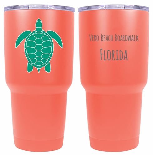 R and R Imports Vero Beach Boardwalk Florida Souvenir 24 oz Coral Insulated Stainless Steel Tumbler Turtle Design