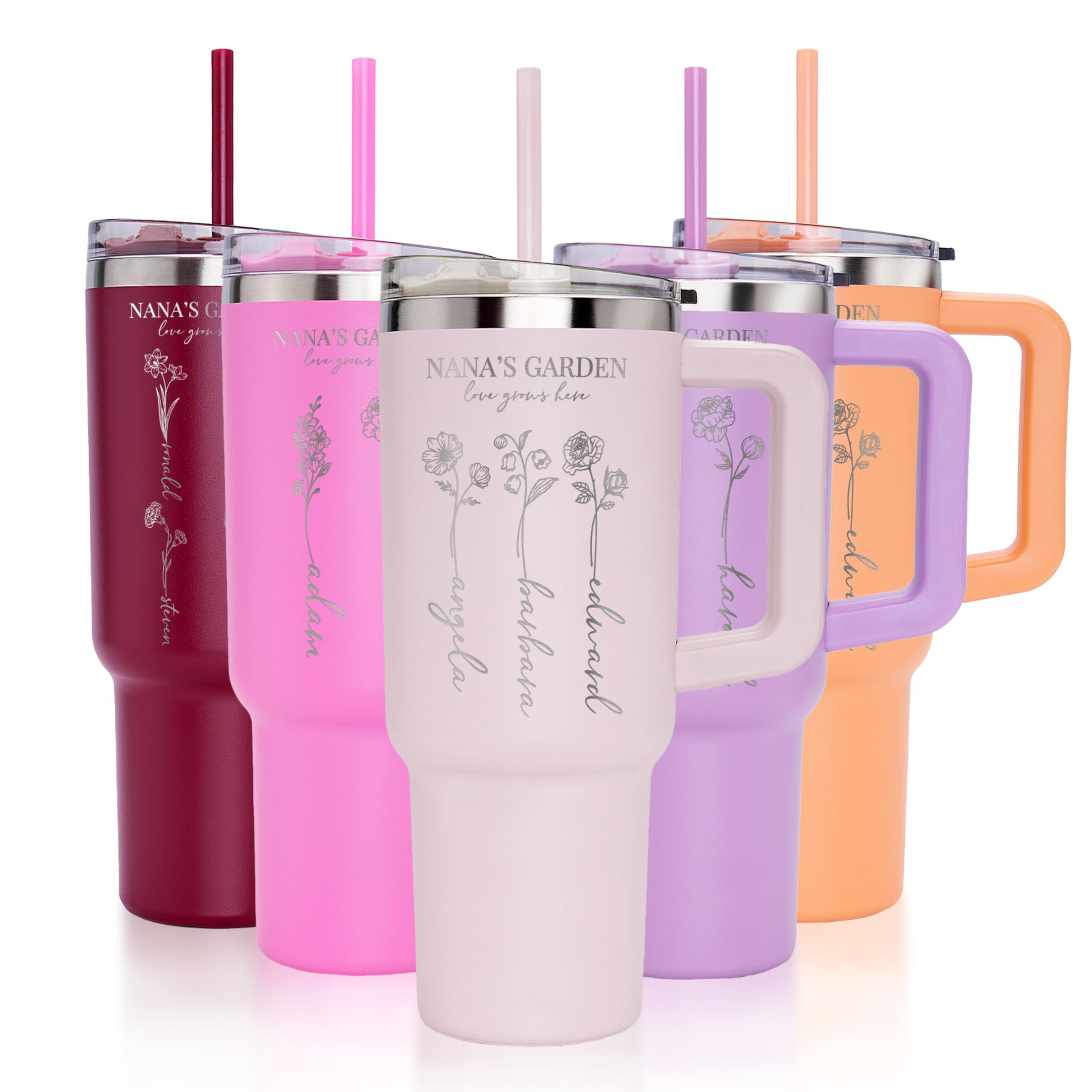 Mothers Day Gifts for Grandma, Personalized Grandma's Garden 40 Oz Tumbler with Birth Flowers, Nana's Tumbler 10 Colors - Up to 6 Flowers, Engraved Stainless Steel Travel Mug with Handle and Straw
