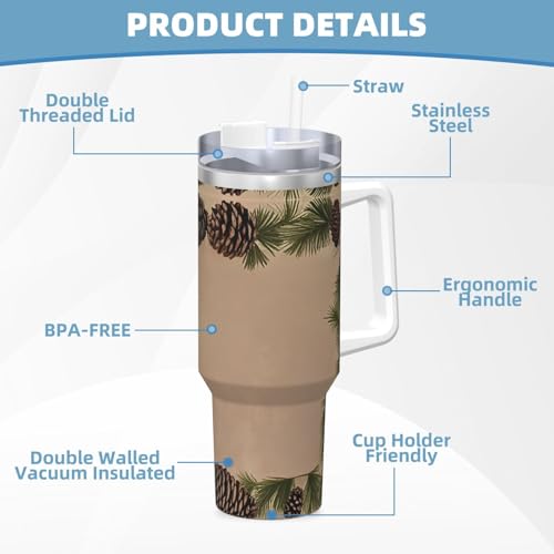 ZHSGNMHH Pine Cone Border 40oz Tumbler With Handle And Straw Stainless Steel Hot/Cold Travel Coffee Cup With Lid