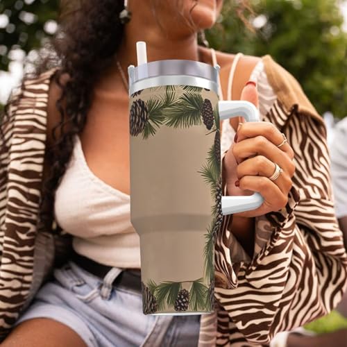 ZHSGNMHH Pine Cone Border 40oz Tumbler With Handle And Straw Stainless Steel Hot/Cold Travel Coffee Cup With Lid