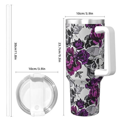 ZHSGNMHH Floral Skull 40oz Tumbler With Handle And Straw Stainless Steel Hot/Cold Travel Coffee Cup With Lid